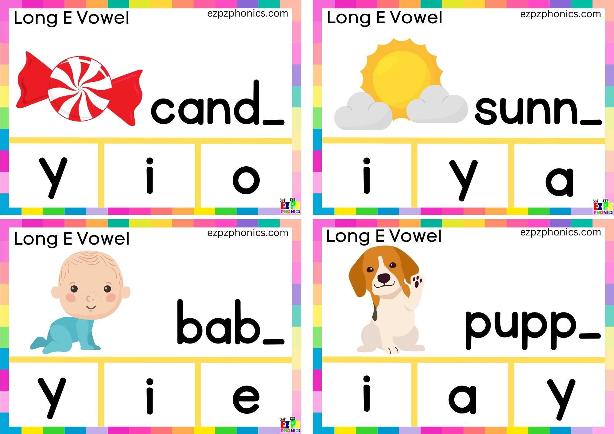 Finish the word and clip the correct letters Clip cards for long e vowel y words 1 - ezpzphonics.com